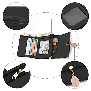 CALIYO Wallets for Women, Leaf Card Holder Trifold Small Wallets for Women , Silm Wallets Zipper Coins Pocket with ID Window,Black