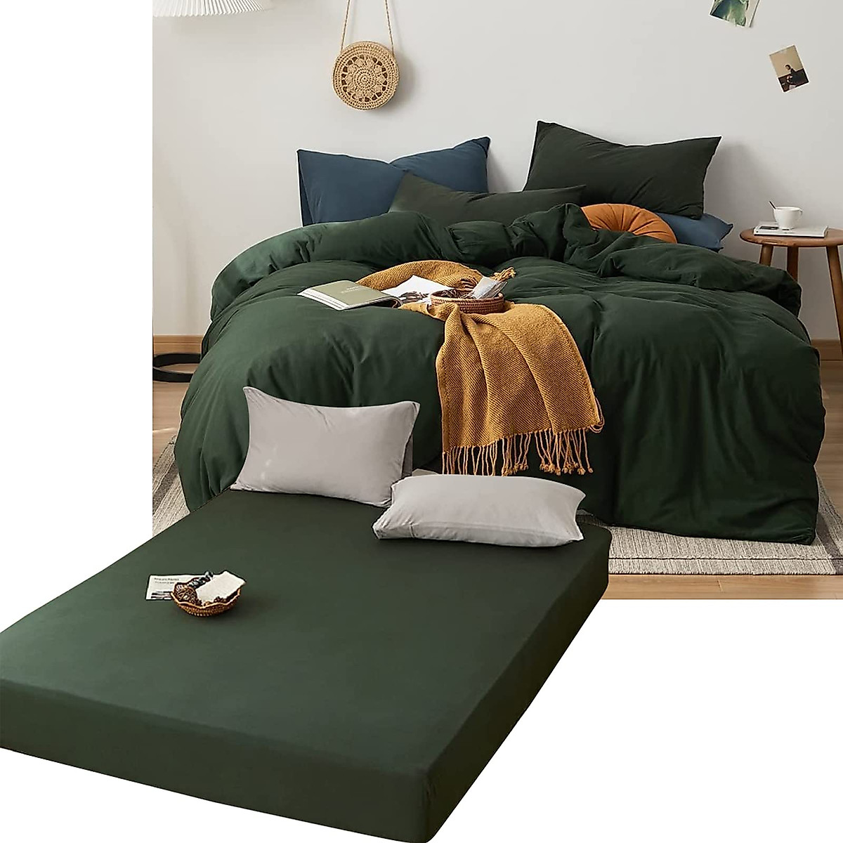 AMWAN Olive Green 4 PCS Bedding Set 【1 Queen Duvet Cover + 2 Standard Queen Pillowcases + 1 Queen Fitted Sheet】