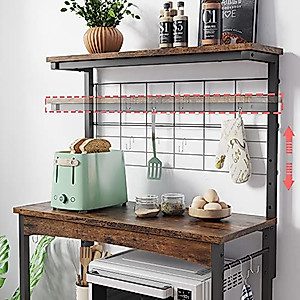 Bestier Bakers Racks with Storage Cabinet, Height-Adjustable 45" to 55" Microwave Stand for Kitchen with Wheels & Feet, Industrial Rolling Coffee Bar Shelf with 10 S-Hooks Rustic Brown