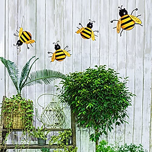 MorTime 4 Pack Metal Bee Wall Art Sculptures Garden Decorations, Hanging Bee Wall Decor Indoor Outdoor Garden Yard Lawn Decor