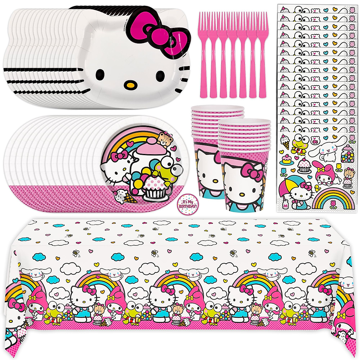 Hello Kitty Birthday Decorations & Party Supplies | Hello Kitty Plates and Napkins, Cups, Tablecloth, Forks, Sticker | Serves 16 Guests | Officially Licensed