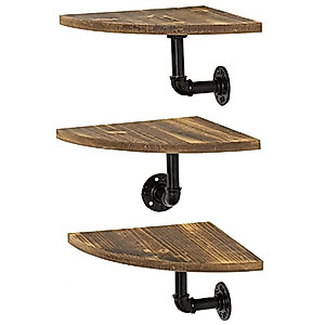 MyGift Wall Mounted Floating Corner Shelves, Rustic Burnt Solid Wood Rounded Corner Shelf with Black Metal Pipe Mounting Brackets, Set of 3