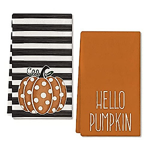 Fall Dish Towels for Fall Decor Hello Pumpkin Polka dot Stripes Kitchen Towels 18x26 Inch Autumn Thanksgiving Ultra Absorbent Bar Drying Cloth Harvest Vintage Tea Sign Hand Towel for Cooking Set of 2