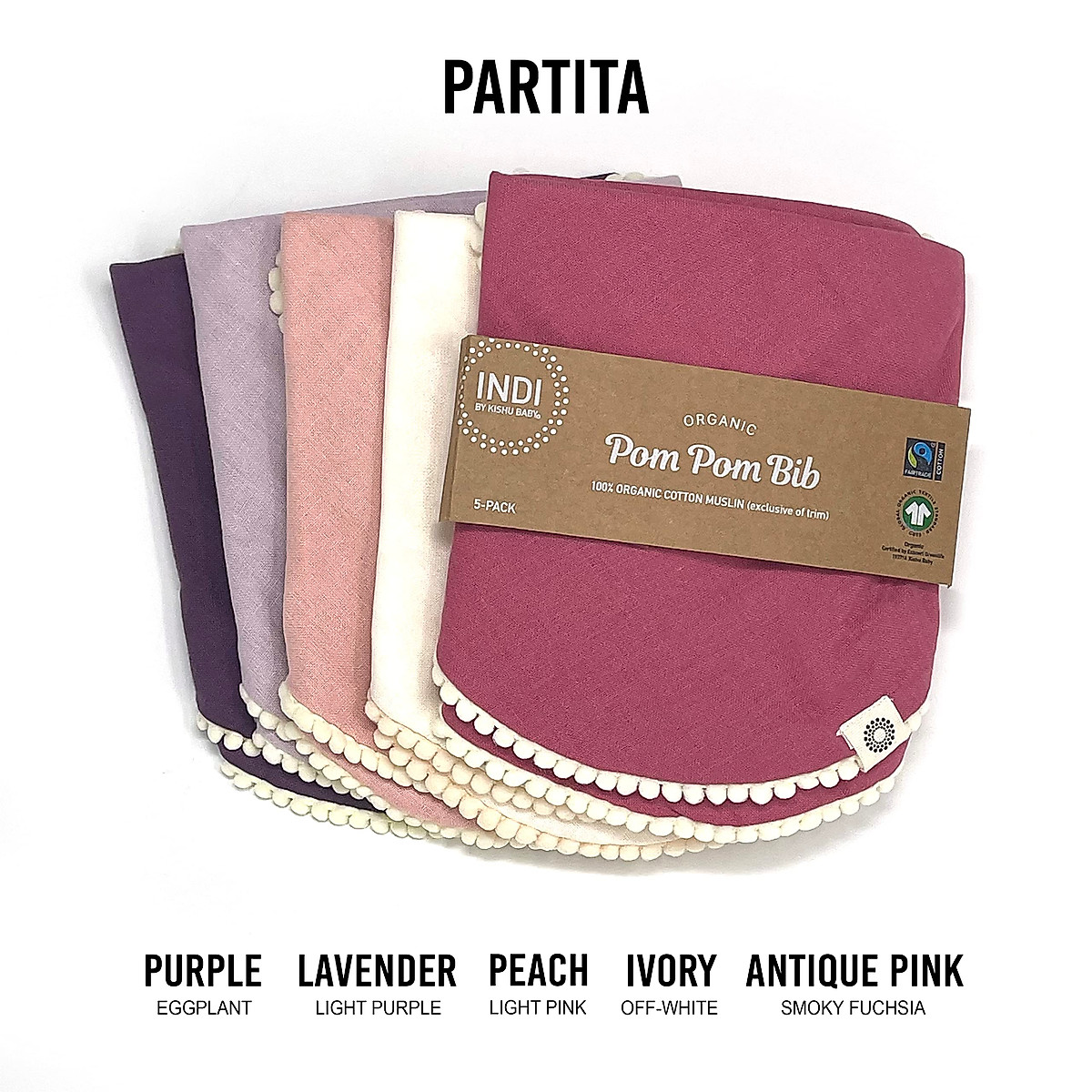 Kishu Baby Indi - GOTS Organic Pom Pom Bibs for Girls - Set of 5 Super Soft Muslin Baby Drool Bibs with Snaps (Partita)