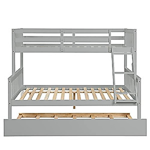 OPTOUGH Twin Over Full Bunk Bed with Trundle,Convertible into 2 Bedframe Wooden Beds with Ladder and Safety Rails for Kids, Teens, Adults, Grey