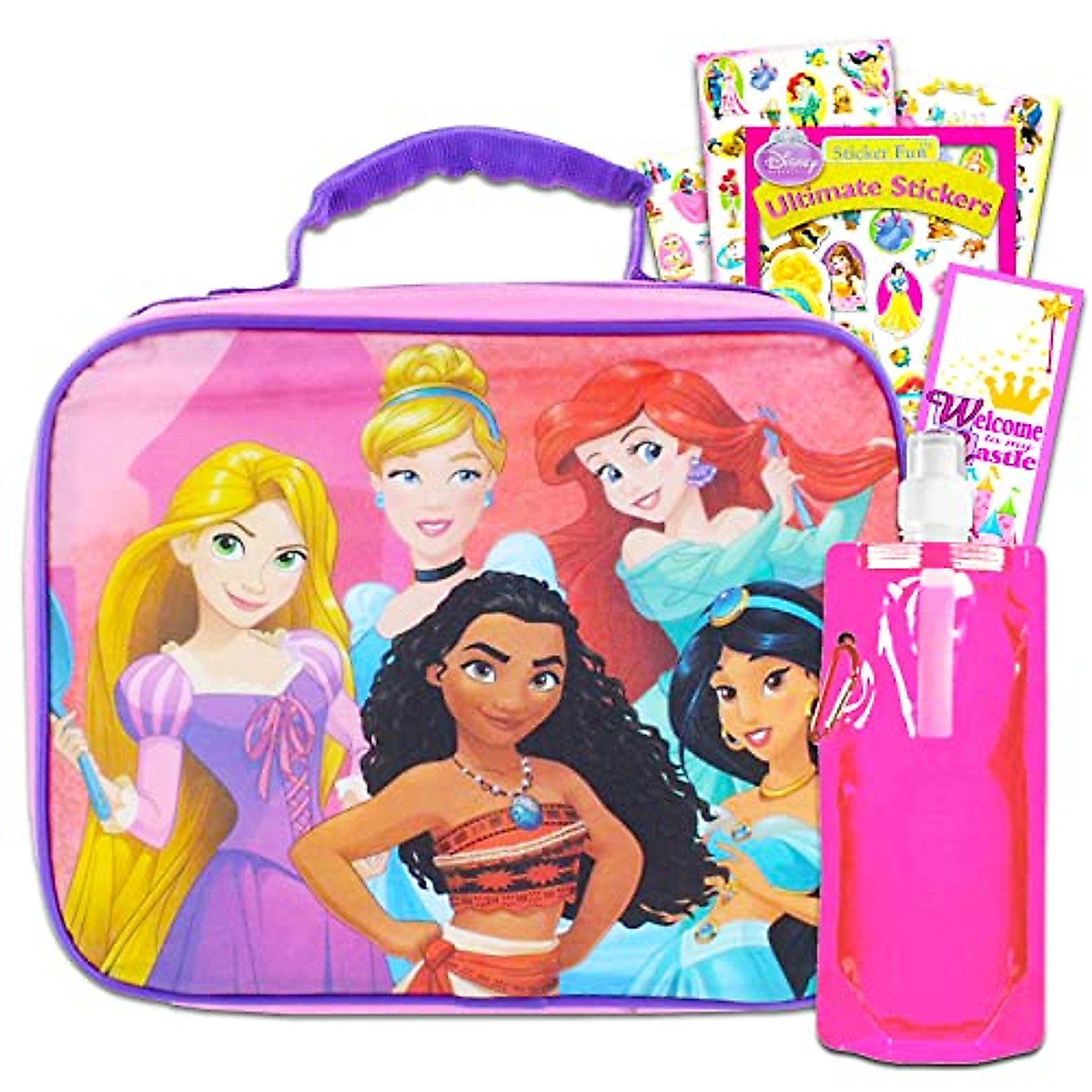 Disney Princess Lunch Bag Set For Girls, Kids - Bundle with Princess School Lunch Box With Pink Water Pouch, Princess Stickers And More Princess School Supplies
