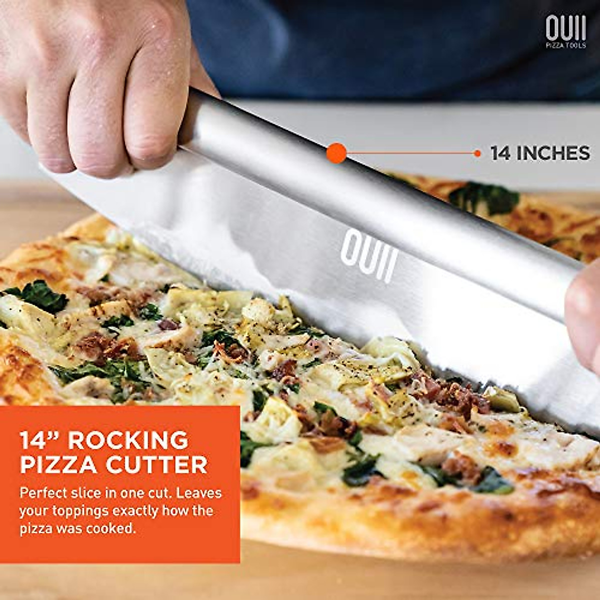 OUII Pizza Peel Aluminum Metal Pizza Paddle - 12 x 14 inch. Pizza Cutter Rocker 14'' Blade Pizza Spatula for Pizza Stone, Pizza Oven Accessories. Pastry, Dough, Bread Peel and Rocker Knife Pizza Tools