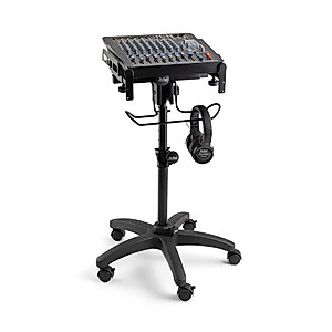 On-Stage MIX-400 V2 Mobile Mixer Stand: Rolling platform for mixers, laptops, controllers. Height adjustable (28"-38"), rackmount compatible, headphone hanger. Portable, black finish.