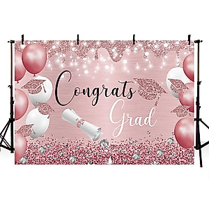 MEHOFOND 7x5ft Rose Gold Congrats Grad Backdrop Graduation Decorations Class of 2024 Ceremony Banner Pink and White Balloons Prom Supplies Photography Studio Props