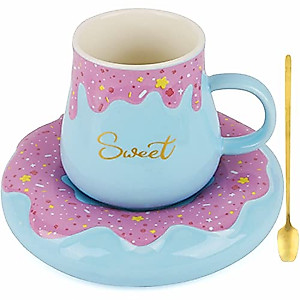 SISETOP Novelty Espresso Cups and Saucers, Ceramic Donut Mug, 9.5oz Creative Cute Cups, Unique Coffee Mug with Spoon for Gift, Kids, Adults, Birthday