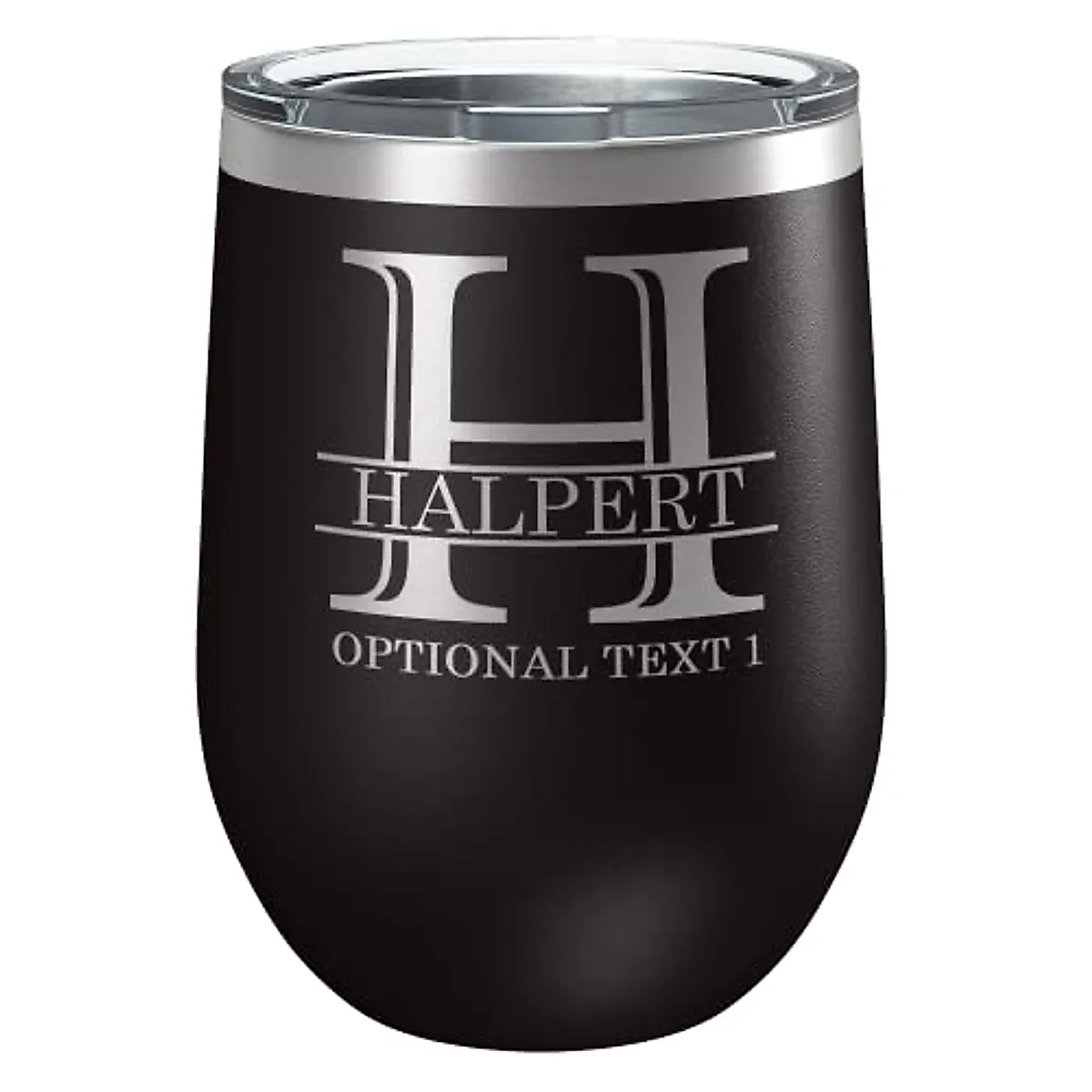 Personalized 12oz (17 Colors) Powder Coated Stainless Steel Stemless Wine Tumbler with Lid, Custom Etched, Customized Gift for Women Her, Wine Lover, Halpert Monogram Initial Name (Black)