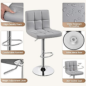 Yaheetech Bar Stools Set of 4, PU Leather Adjustable Barstools, Modern Counter Stools with Back and Footrest, Counter Height Barstools for Bar, Kitchen, Dining Room, Light Gray