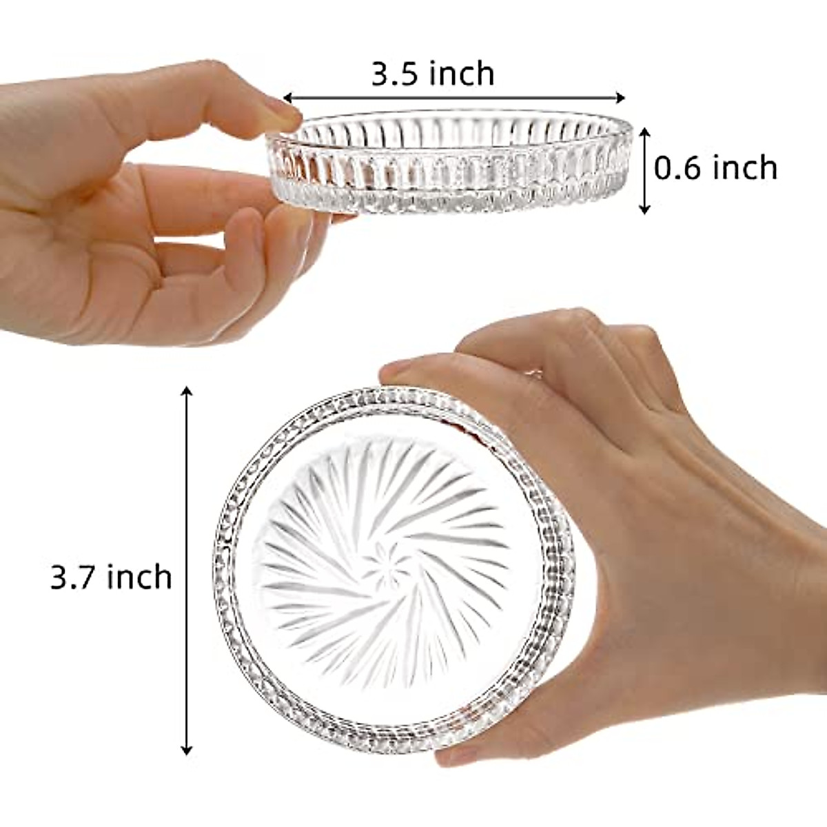 AVLA 8 Pack Crystal Drink Coasters, Glass Round Cup Mat, Clear Decorative Wine Bottle Coasters Barware Set for Table Protection of Home Kitchen, Dining Room, Patio, Coffee Shop, 3.75", Carved Design