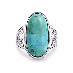 Personalize Southwest Boho Style Large Dome Oval Cabochon Gemstone Bezel Set Blue Turquoise Western Statement Ring For Women Filigree Scroll Band .925 Sterling Silver Customizable