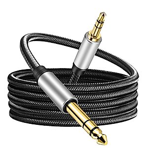 3.5 mm to 6.35 mm Audio Cable 15Ft, Gold-Plated Terminal Silver Color Zinc Alloy Housing 3.5mm 1/8" Male TRS to 6.35mm 1/4" Male TRS Nylon Braided Stereo Audio Cable for Cellphone, Amplifiers(15Ft/5M)