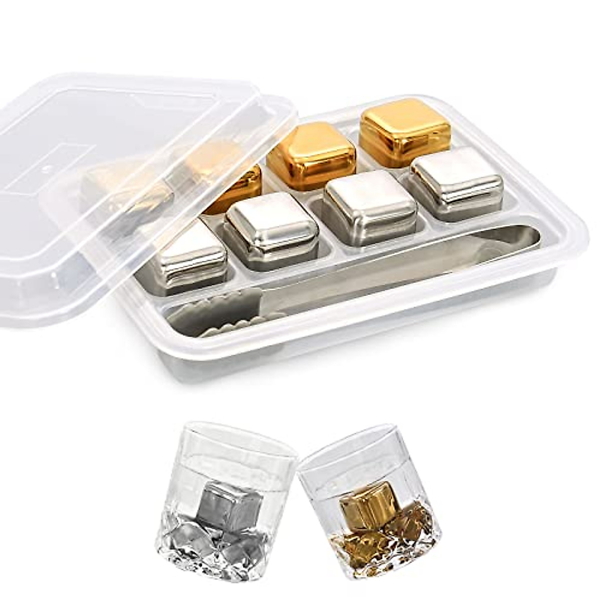 EooCoo Whiskey Stones Set, 4 Golden and 4 Silver Stainless Steel Chilling Ice Cubes Reusable for Whiskey Wine Beverage, Gift for Wedding Father's Day Anniversary Birthday Party Holiday