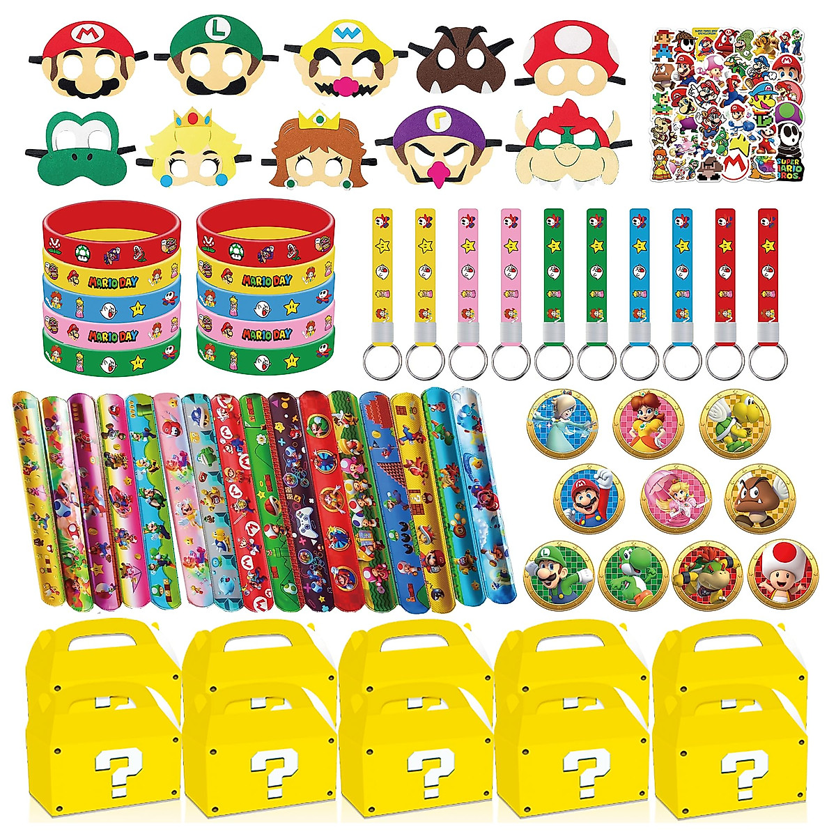 coayhel 115 PCS Birthday Party Favor Supplies, Birthday Party Decorations Set Includes 50 Stickers, 15 Slap Bracelets, 10 Bracelets, 10 Button Pins, 10 Key chains, 10 Box, 10 Mask, mmfavor2024