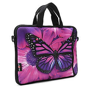 AUPET 16 16.5 17-17.3-Inch Water Resistant Neoprene Sleeve Notebook Neoprene Messenger Case Tote Bag with Outside Handle and Adjustable Shoulder Strap & Extra Pocket(Purple Butterfly)
