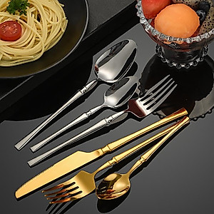 Gold Silverware Set with Steak Knives and Serving Utensils, Stainless Steel Flatware Cutlery Set for 4,Tableware for Home Kitchen Restaurant Wedding