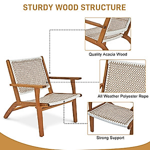 VINGLI Outdoor Lounge Chairs Acacia Wood with Woven Web Seat and Back,Outdoor Reclining Chair for Patio Lawn Garden Backyard Deck (1 Piece)