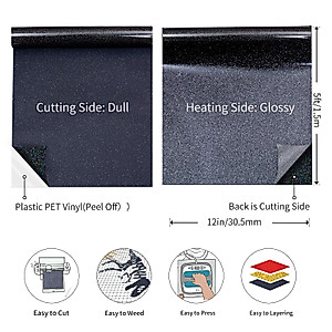 TransWonder Black Glitter HTV Glitter Heat Transfer Vinyl 12inx5ft Glitter Iron on Vinyl HTV Vinyl for Cricut T Shirts (Black)