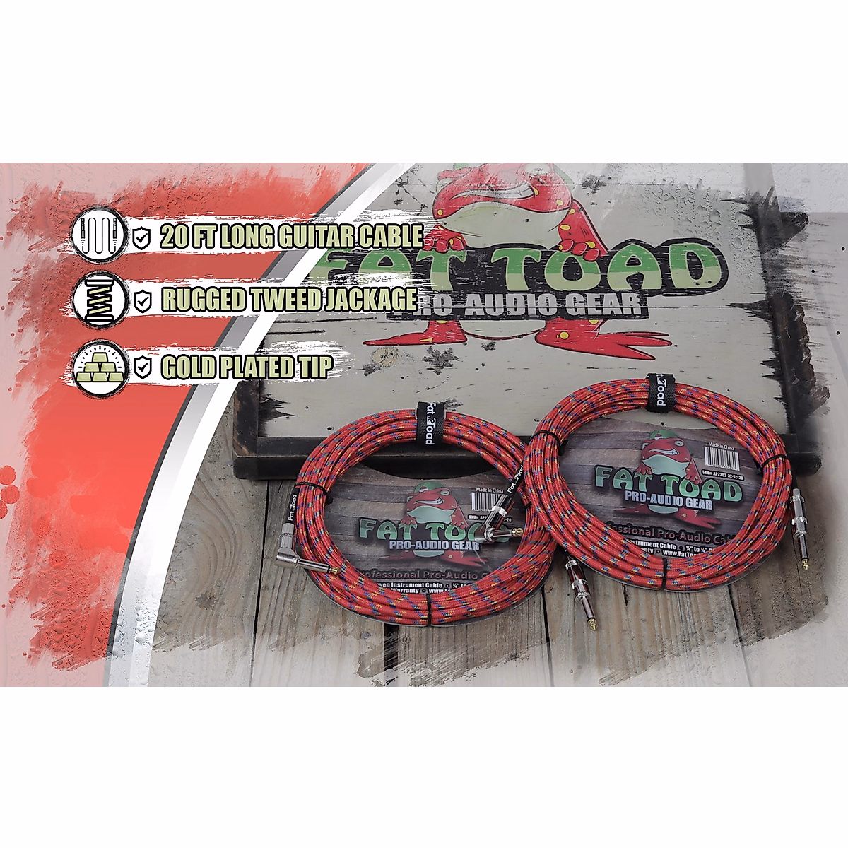 Fat Toad Guitar Cables (2 Pack) Right Angle to Straight-End Instrument Cord Tweed Cloth Jacket Braided Woven 20 FT 1/4 Inch Gold Jack TS for Electric Guitar Pedal, Bass, Audio Speaker, Amplifier