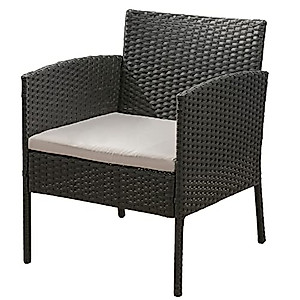 GURLLEU Rattan Sofa Furniture Set, Outdoor Patio Conversation Chair, Loveseat and Tempered Glass Coffee Table, Loveseat for Garden Lawn (Black and White Cushions) (Set 4 Pieces)