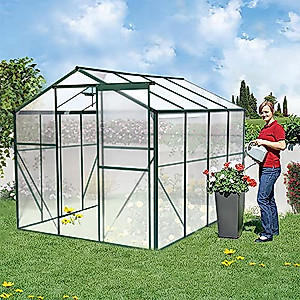FRANSOUL 6x8 FT Hybrid Polycarbonate Greenhouse with Lockable Hinged Door, Sliding Door and 2 Vent Window, Walk-in Hobby Greenhouse Aluminum Hot House for Outdoor Garden Backyard, Green