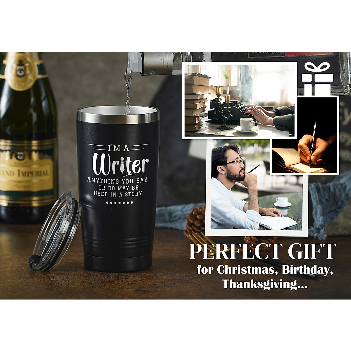 Onebttl Writer Gifts for Women/Men - 20oz/590ml Stainless Steel Insulated Tumbler with Straw - Graduation/Birthday/Christmas Gift for Writers, Novelist, Scriptwriter - Story, Black