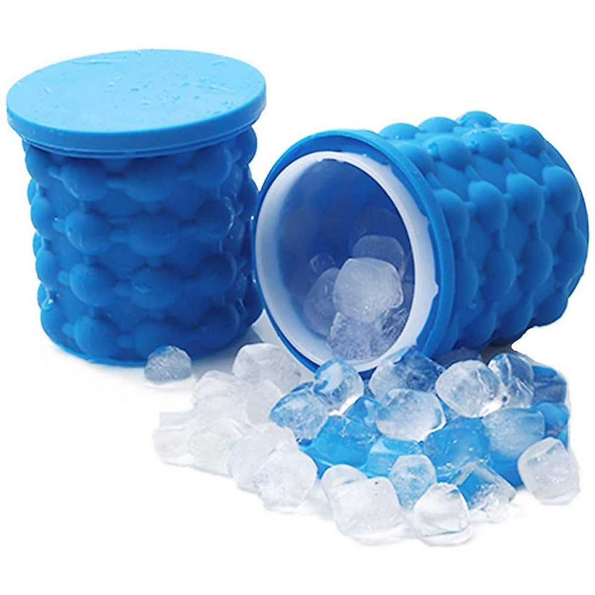2 in 1 silicone ice bucket and ice mold with lid, silicon ice cube maker wizard, portable silicon ice cube maker (blue)