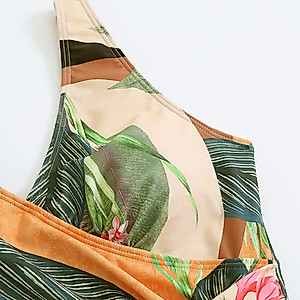 Women's One Piece Swimsuit with Cover up Beach Skirt Retro Floral Printed Swimsuit Bathing Suit Ruffle V-neck Monokini Swimwear Sarong Coverups Two Piece Bikini Set Beachwear Light Apricot Floral L