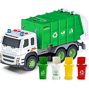 MOBIUS Toys Garbage Truck Friction-Powered – 1:12 Scale Large Size Truck w/Sounds, Lights, Loader, 4 Trash Cans for Learning Waste Management Recycling Toy for Toddlers, Boys, Girls 3 4 5 Years Old