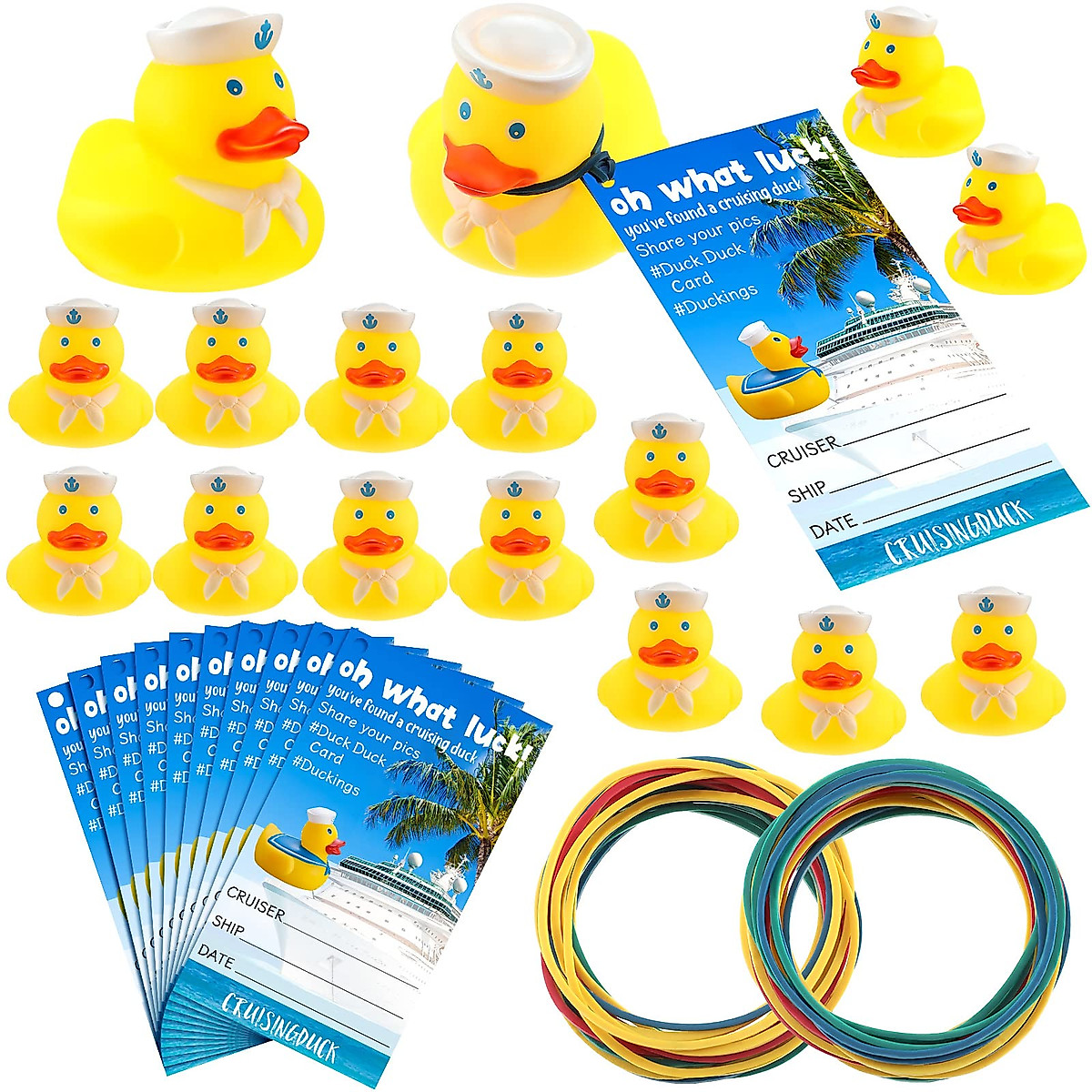 Duck Tag Cruise Kits Includes Rubber Sailing Ducks for Cruise Ships, Duck Tag Cruise Ducking Game Carnival Rubber Duck Duck Tag Card and Rubber Bands for Hiding Carnival (60)