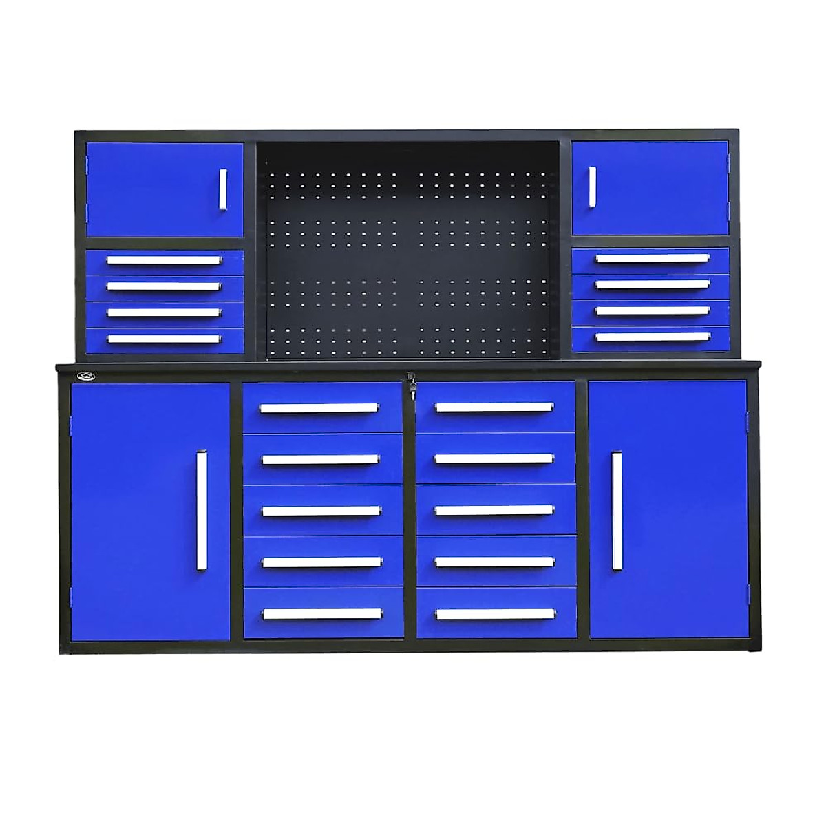 TTBKA 7' Garage Storage Cabinet with Workbench 18 Drawers, 4 Cabinets, Pegboard Size:87" L x 23" W x 67" H (Blue)