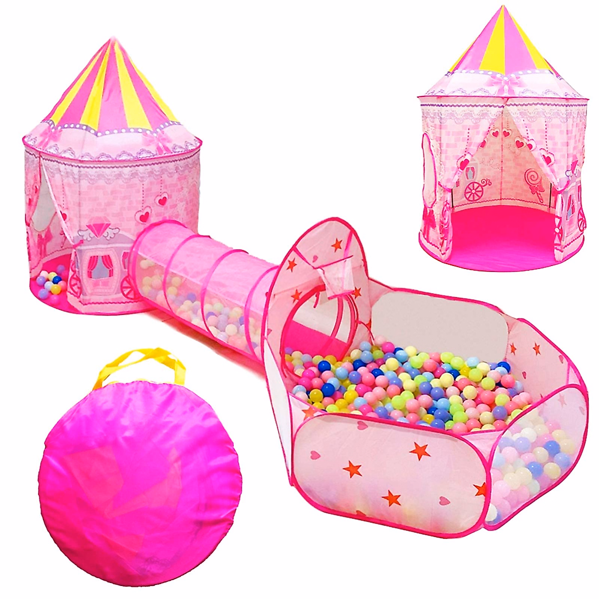 LOJETON 3pc Princess Fairy Tale Kids Play Tent, Oval Crawl Tunnel, Ball Pit for Toddlers, Indoor Outdoor Playhouse Castle Toys, Baby Boys Girls for 3 4 5 6 7 Years Old (Balls Not Included)