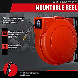 REELWORKS Air Hose Reel Retractable 1/4" Inch x 33’ Feet Premium Water Flex Hybrid Polymer Hose Max 180 PSI Heavy Duty Polypropylene Case Construction Industrial Spring Driven