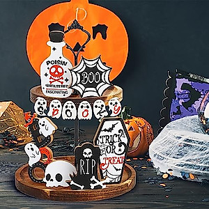SULOLI Halloween Tiered Tray Decoration, 12 Pcs Halloween Wooden Signs Haunted House Party Farmhouse Rustic Tiered Tray Decor for Home Table Houseroom