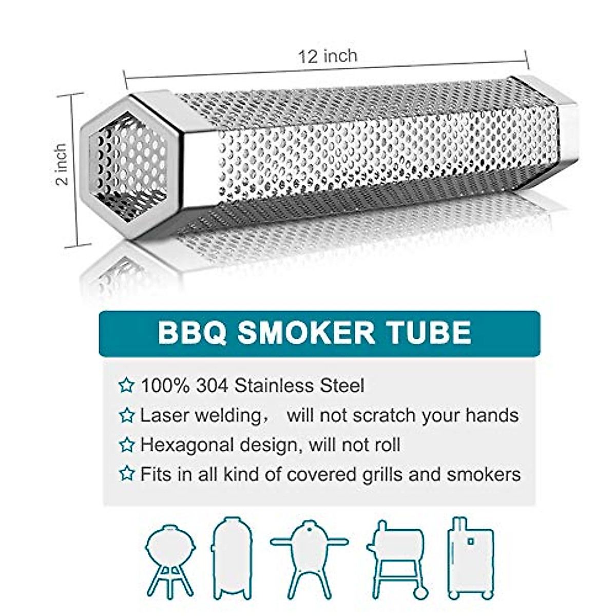 Aushucu 2pcs Smoker Tube 12in Pellet Smoker Tube Stainless Steel Smoke Tube for Hot or Cold Smoking 5 Hours of Billowing smoke Portable BBQ Smoking tube Generator Electric Charcoal Gas Grill Smoker