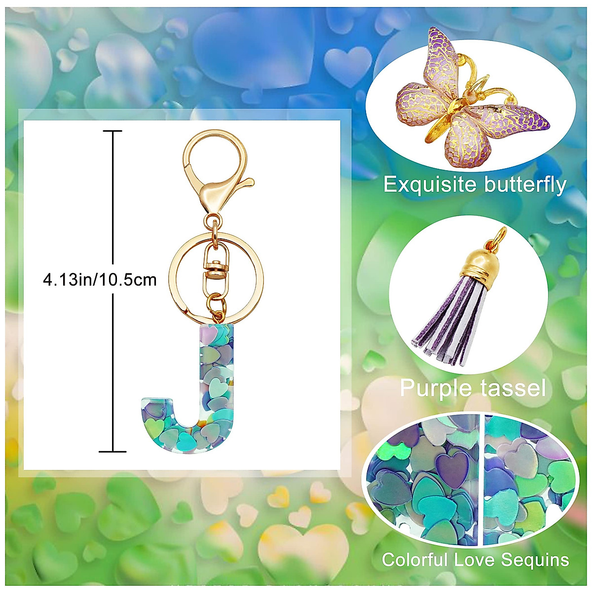 TTYY Initial Letter Keychains for Girls Women Pink Purple Green Cute Butterfly Heart Keychain for Backpack School Bag (purple heart Letter J)