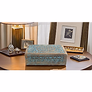 Great Birthday Gift Ideas Handmade Decorative Wooden Jewelry Box Jewelry Organizer Keepsake Box Treasure Chest Trinket Holder Watch Box Storage Lock Box Housewarming Gift Ideas Men Women (Blue)