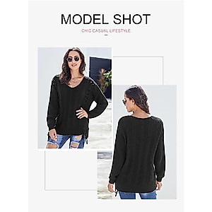 EVALESS Womens Sweater 2023 Fashion Trendy Fall Oversized Off Shoulder Cable Knit V Neck Knit Chunky Plus Size Sweater Long Sleeve Crewneck Winter Loose Tops Clothes,Black XL