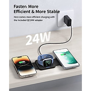 3 in 1 Foldable Wireless Charger, JoyGeek Magnetic Wireless Charging Pad, Mag-Safe Wireless Charging Station for iPhone 14/13/12/11 Series, Apple Watch, AirPods (QC 24W Adapter Included)