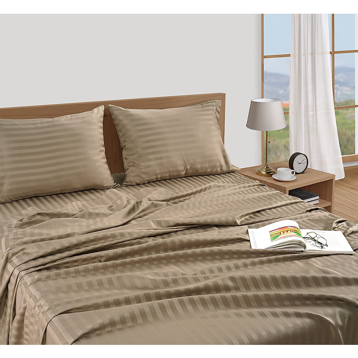100% Egyption Cotton Cal King Solid Sheet Set & Striped Sheets Set of 2 Combo- 800 Thread Count Sateen Weave Cal KIng Size Solid Sheets & Striped Sheets, Deep Pocket Cotton Bedsheets - Taupe