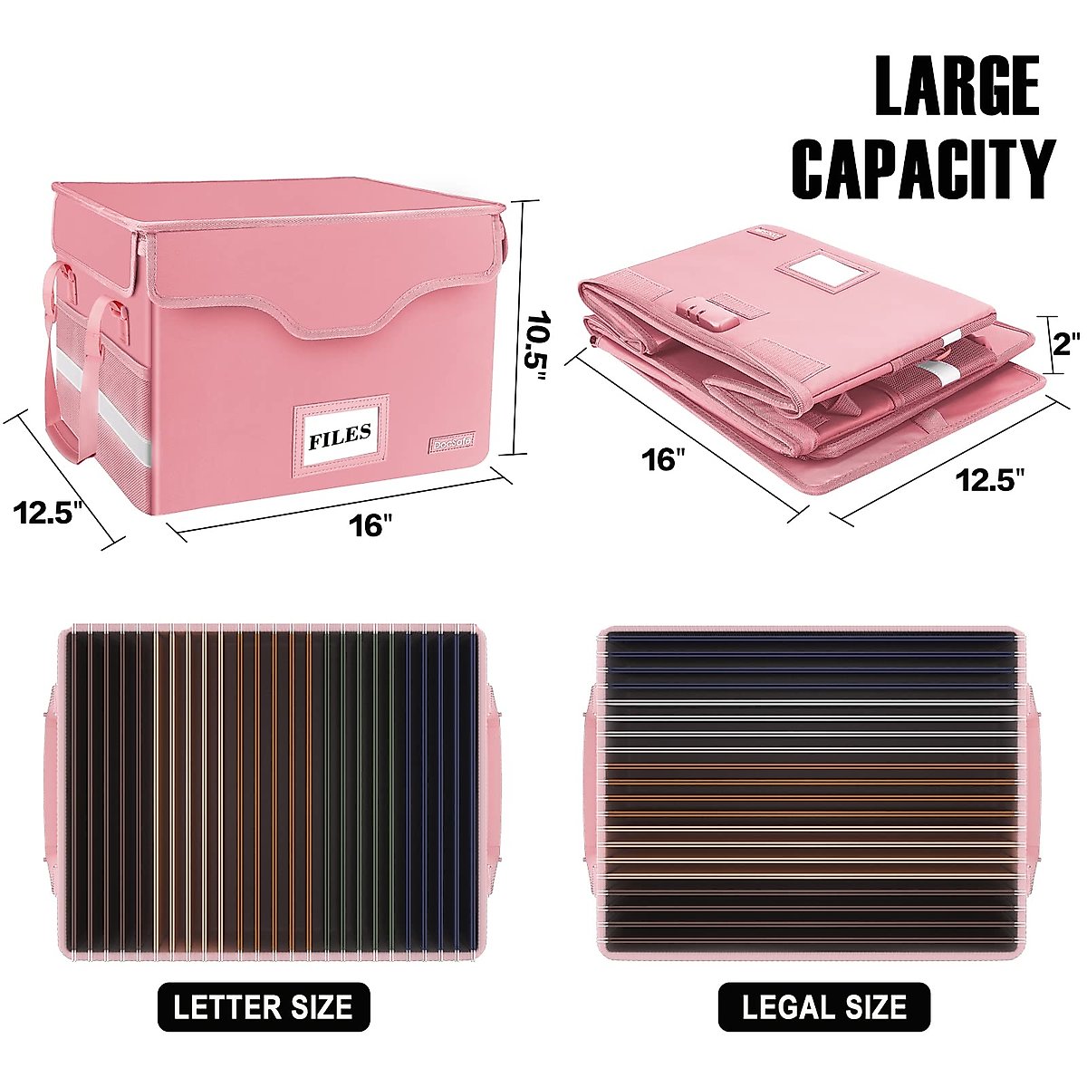 DocSafe File Box Fireproof Document Box with Lock,File Storage Organizer Box with Insert Pockets,Collapsible Portable File Box Home Office File Cabinet with Handle for Hanging Letter/Legal Folder,Pink
