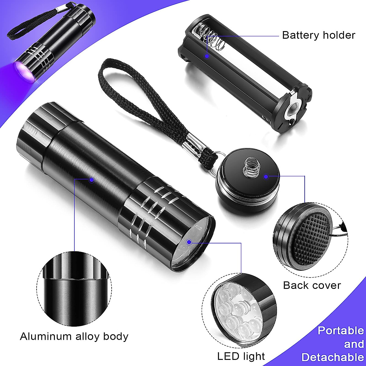 Riakrum 12 Pieces Blacklight Flashlights LED UV Handheld Mini Black Light Flashlight Small Portable UV Light Detector UV Flashlight 395nm 9 LED Light, Not Included Battery (Black)