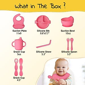 Aainbeots Silicone Baby Feeding Set, 10 Pcs Baby Led Weaning Supplies with Suction Bowl and Plate, baby feeding set with Adjustable Bid,Sippy Cup with Straw and Lid, Mommy Ark Set Suit for 6+Months