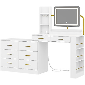 Hasuit Large Vanity Desk with Mirror and Lights,68.9'' Long Makeup Dressing Vanity Table with Charging Station, 8 Drawers, Vanity Mirror 3 Lighting Modes Adjustable, White