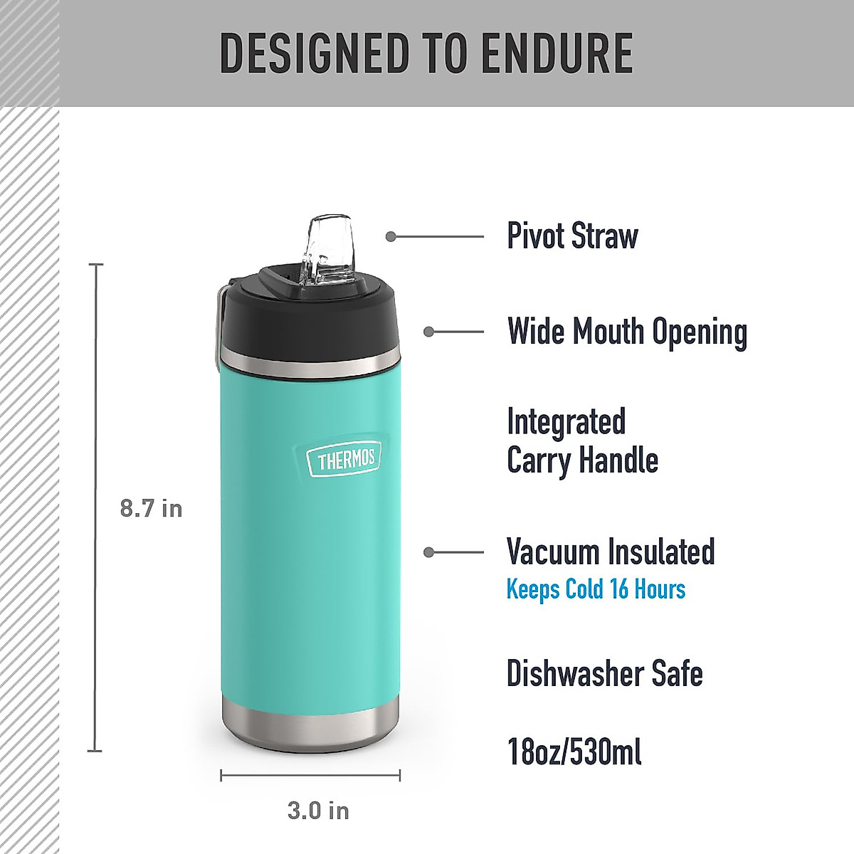 THERMOS ICON SERIES Insulated Water Bottle with Straw Lid - 18 Ounce, Seafoam - Stainless Steel Vacuum Insulated Water Bottle with Straw Lid