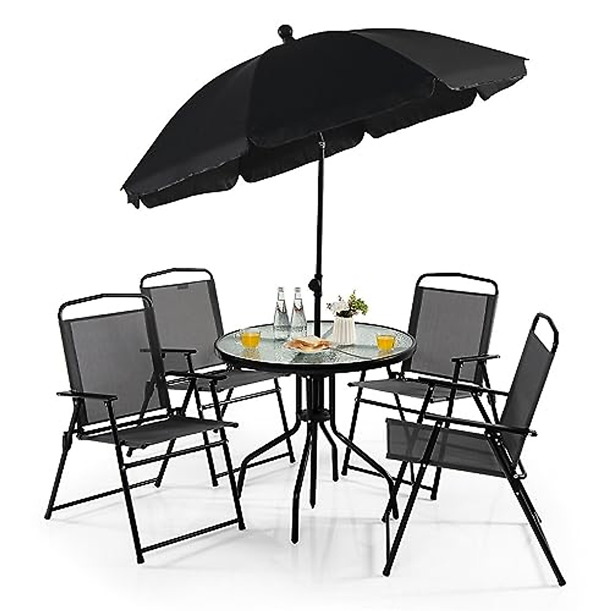 KFJBX 6 PCS Patio Dining Set Folding Chairs Glass Table Tilt Umbrella Garden