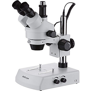 AmScope SM-2TZZ Professional Trinocular Stereo Zoom Microscope, WH10x and WH20x Eyepieces, 3.5X-180X Magnification, 0.7X-4.5X Zoom Objective, Upper and Lower Halogen Lighting, Pillar Stand, 110V-120V, Includes 0.5X and 2.0X Barlow Lenses